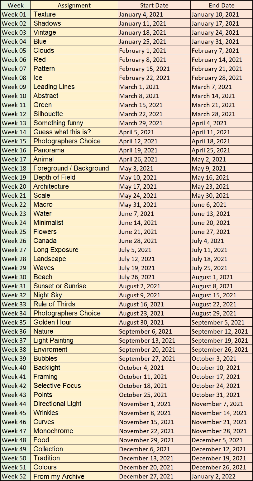 2020 photo assignment schedule
